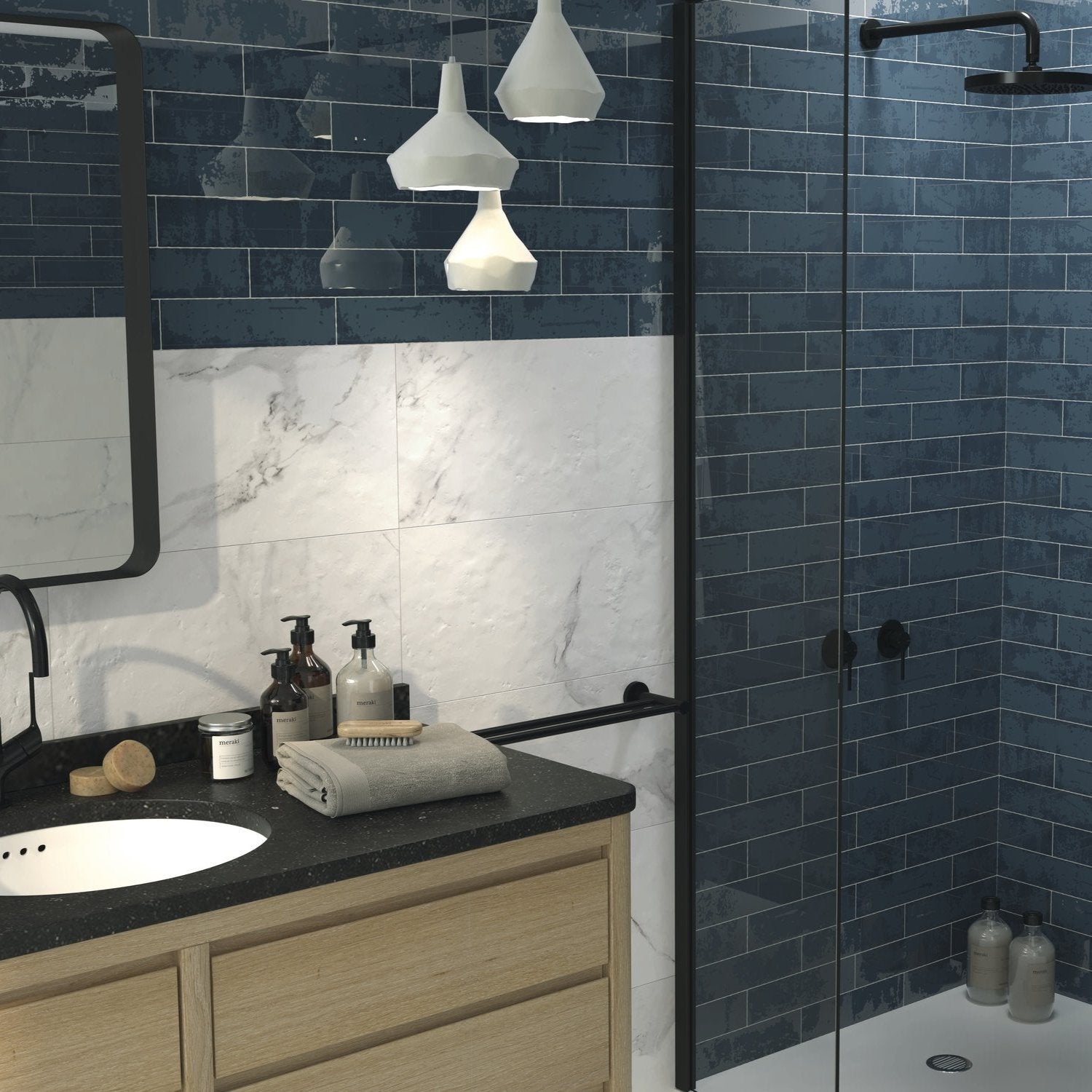 Grunge Blue Subway Tile with Metal Effect, Glossy, 7.5x30 cm, 10 mm