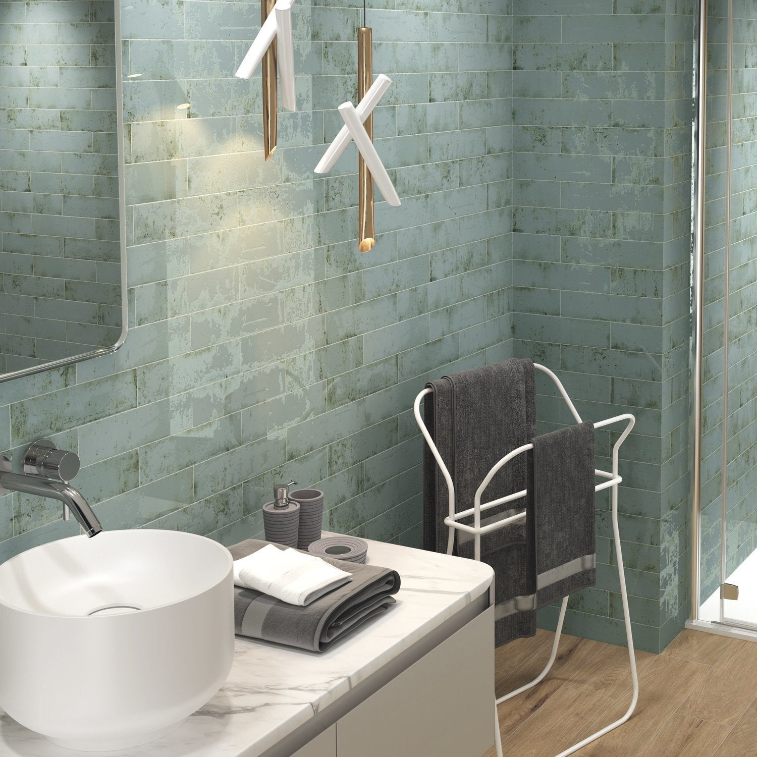 Grunge Aqua Subway Tile with Metal Effect, Glossy, 7.5x30 cm, 10 mm