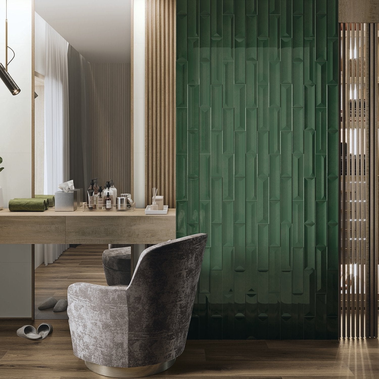 Refraction Palm Subway Tile, Glossy, Green, 7.5x30 cm, 12 mm